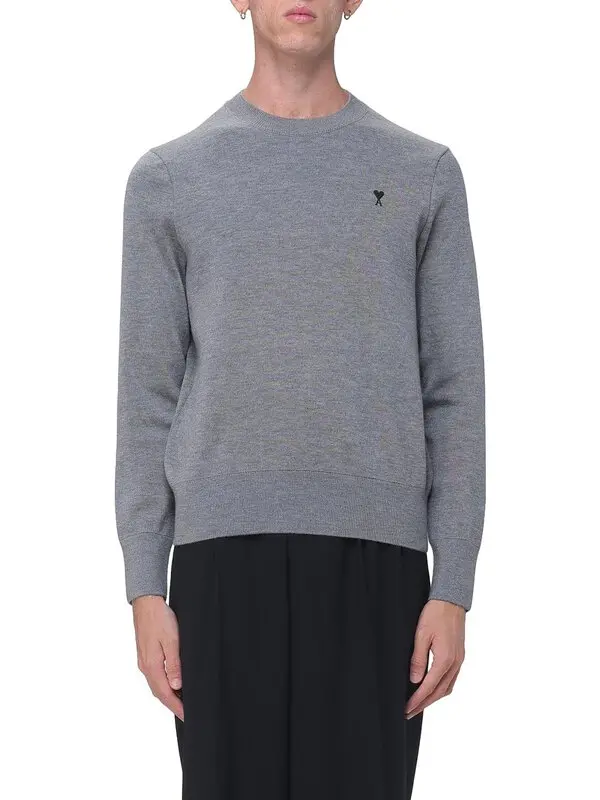 AMI Paris Crewneck Wool Jumper With De Coeur Logo Embroidery - Grey