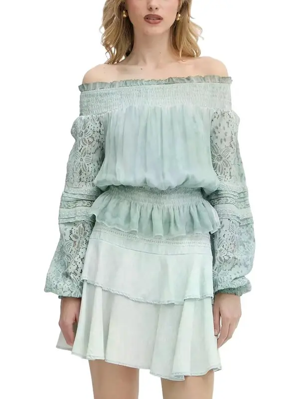 Guess Lace-trimmed Smocked Blouse - Blue