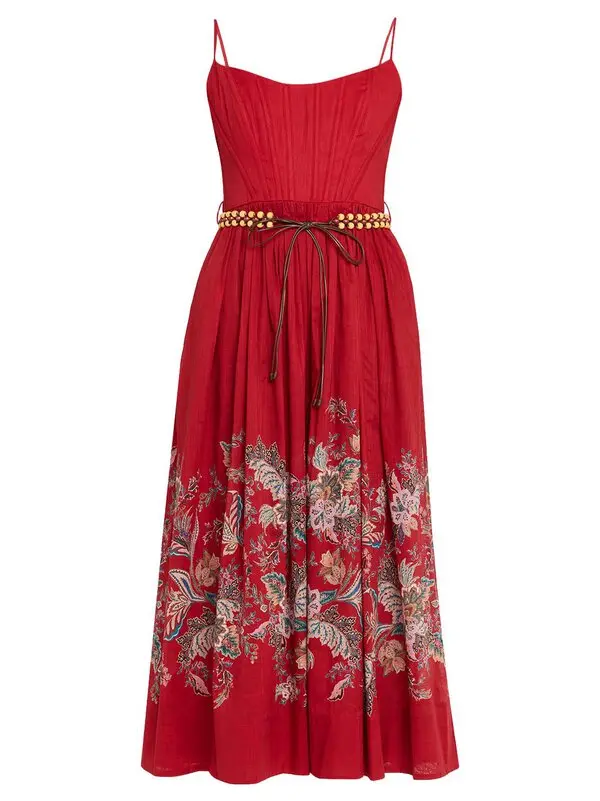 Zimmermann Rhiannon Belted Corset Midi Dress - Red Multi Paisley