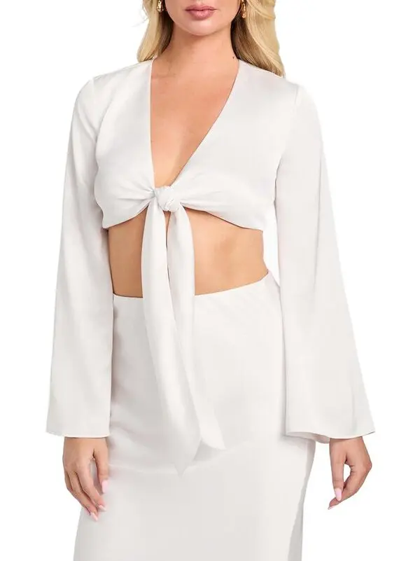 MARCIANO Monica Tie-front Satin Crop Top - White Peaks