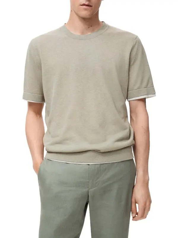 Mango Contrast Trim Cotton Blend T-shirt - Khaki