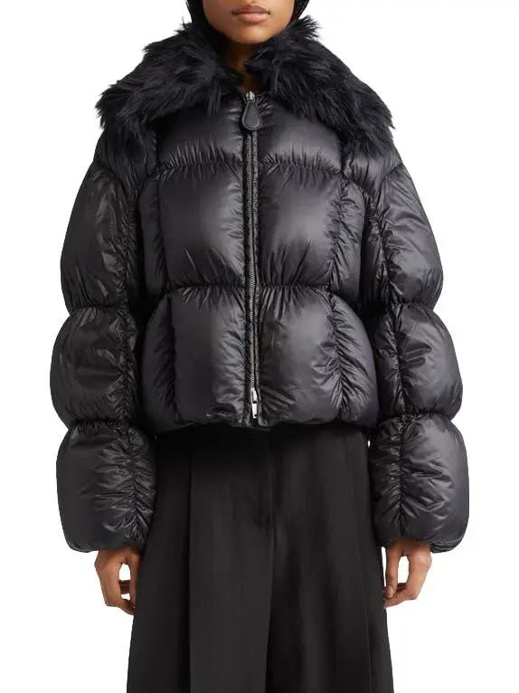 JIL SANDER Short Quilted Jacket With Detachable Faux Fur Collar - Black