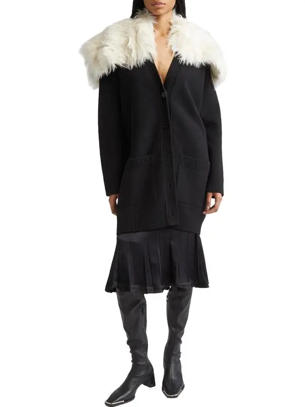 JIL SANDER Virgin Merino Wool Blend Cardigan With Faux Fur Collar - Black