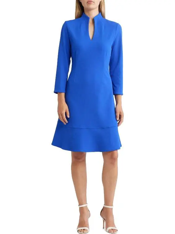Ming Wang Long Sleeve Stretch Crepe Fit & Flare Dress - Sapphire Sea