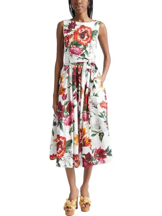 Dolce & Gabbana Floral Print Belted Poplin Fit & Flare Dress - Ha5pb Anemoni Gigli F.bco