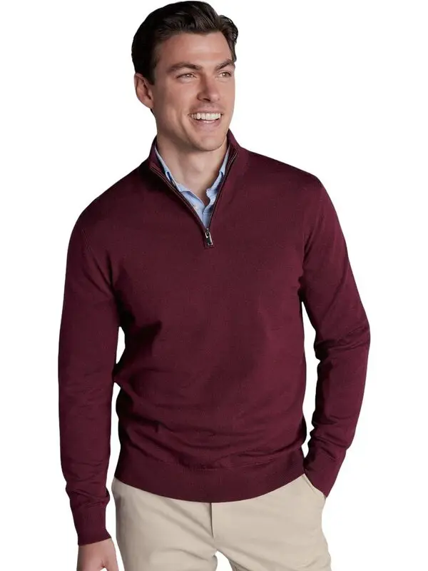 CHARLES TYRWHITT Merino Wool Zip Neck Sweater - Burgundy Red