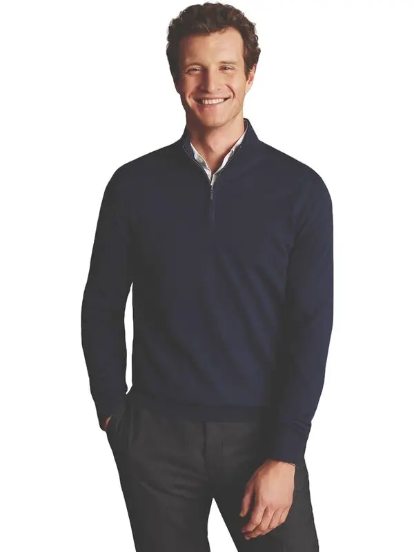 CHARLES TYRWHITT Merino Wool Zip Neck Sweater - Navy