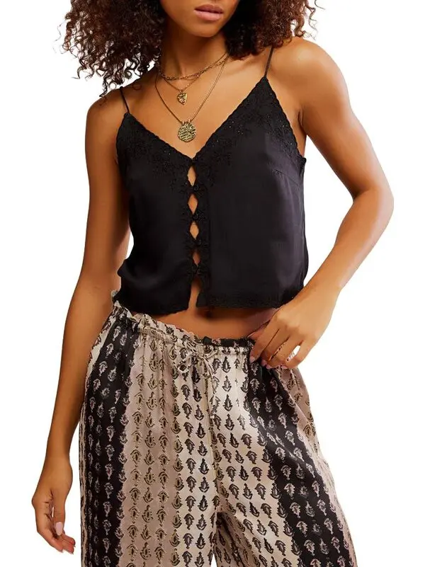 Free People Embroidered Button-up Camisole - Black
