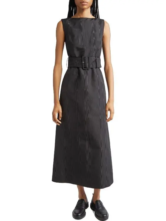 Thom Browne Bateau Neck Silk Moiré Belted Dress - Black