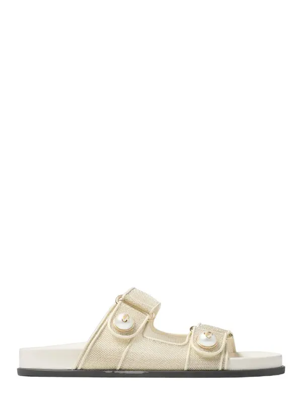 JIMMY CHOO Fayence Champagne Metallic Patent Leather Sandals With Pearls - Champagne/latte
