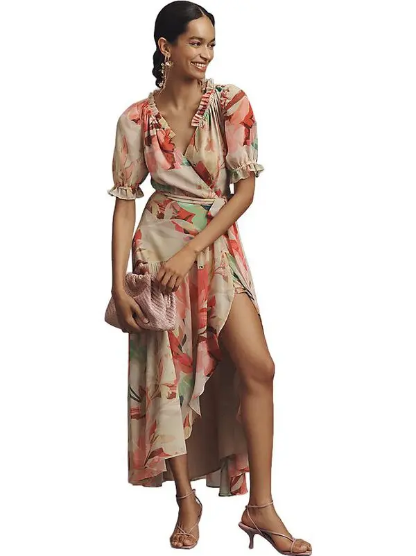 HUTCH Bethany Petite Wrap Midi Dress - Taupe Tropical Floral