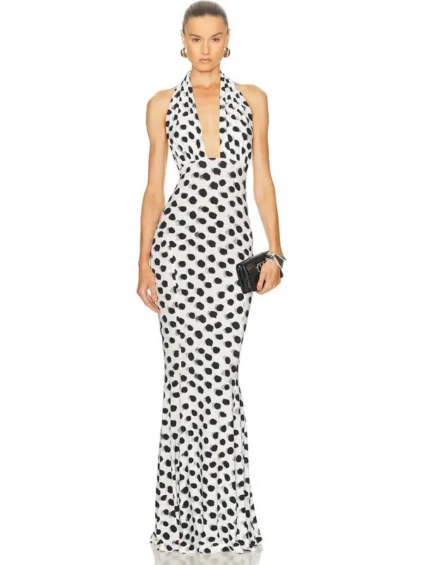 Norma Kamali Cross Halter Fishtail Gown - Paint Dots