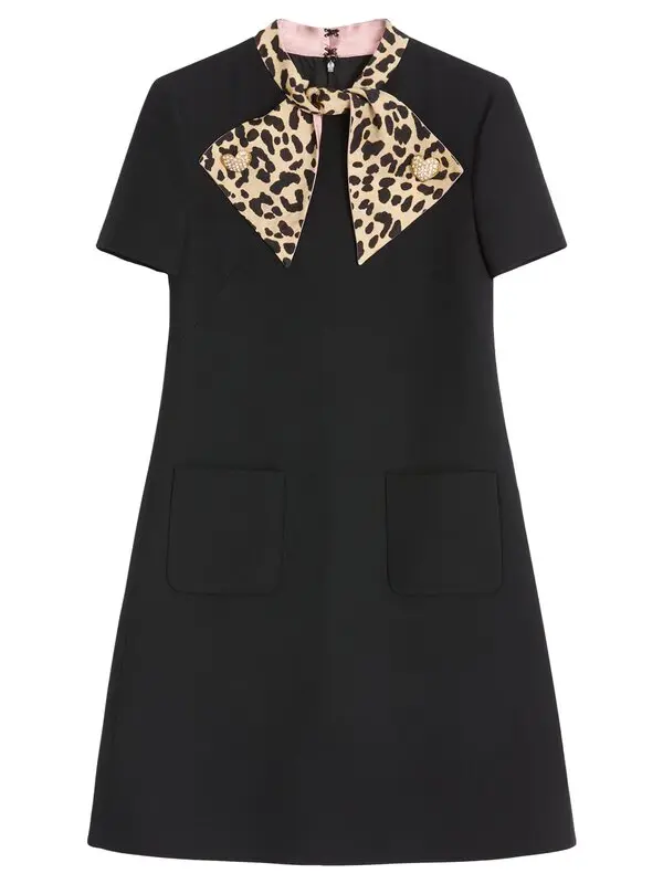 Valentino Garavani Wool-silk Mini Dress With Leopard-print Tie - Black