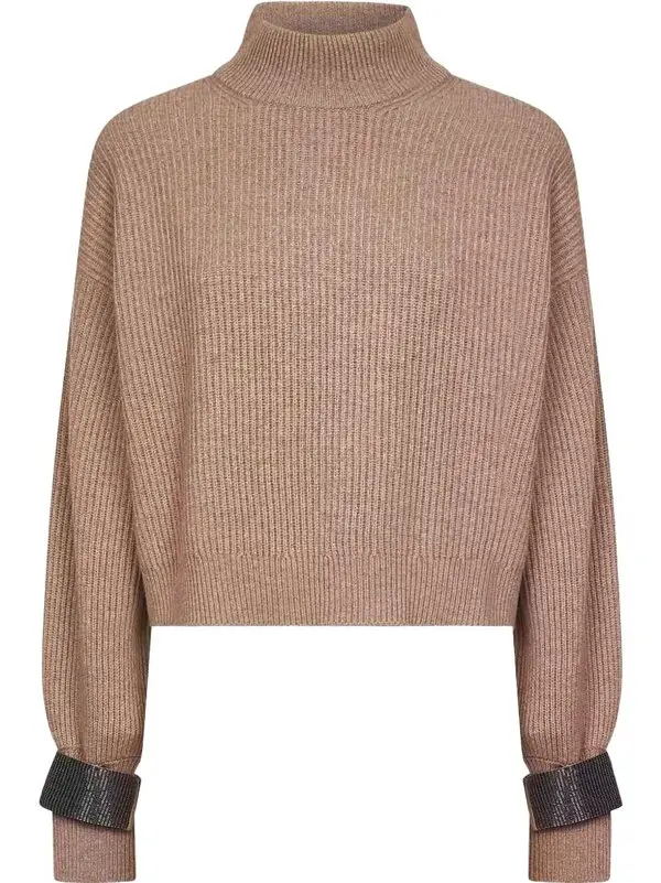 Brunello Cucinelli High-neck Embellished-cuff Sweater - Brown