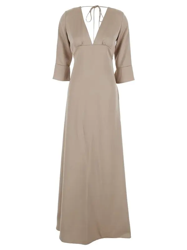 PLAIN Cady Maxi Dress With V-neck And Bow Detail - Beige
