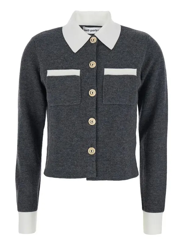 SELF-PORTRAIT Cropped Cardigan With Contrasting Collar - Grey