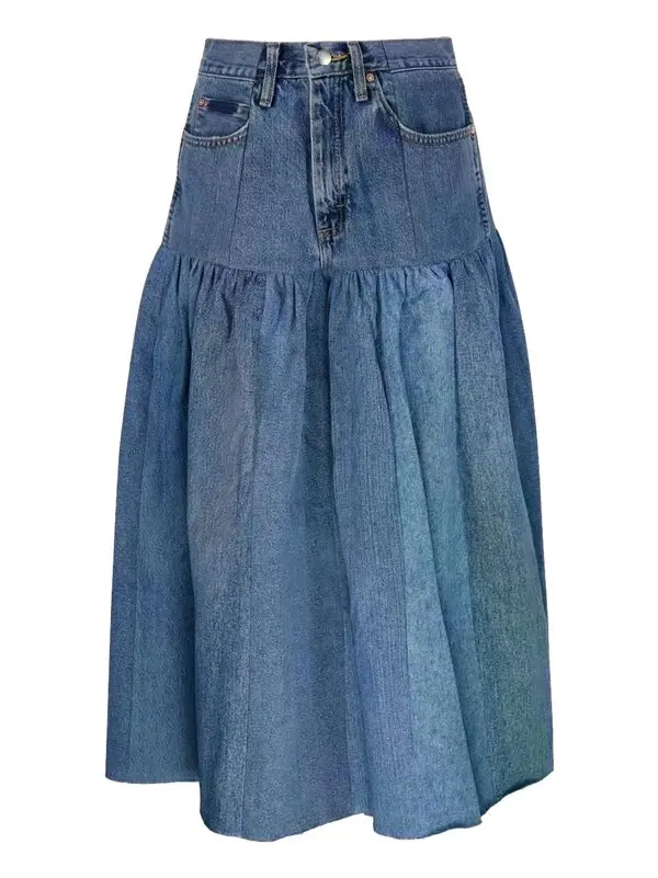 E.L.V. DENIM Harvard Ruffled Midi Denim Skirt - Blue