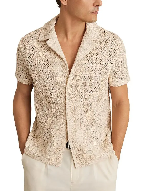 REISS Embroidered Crochet Camp Shirt - Oatmeal