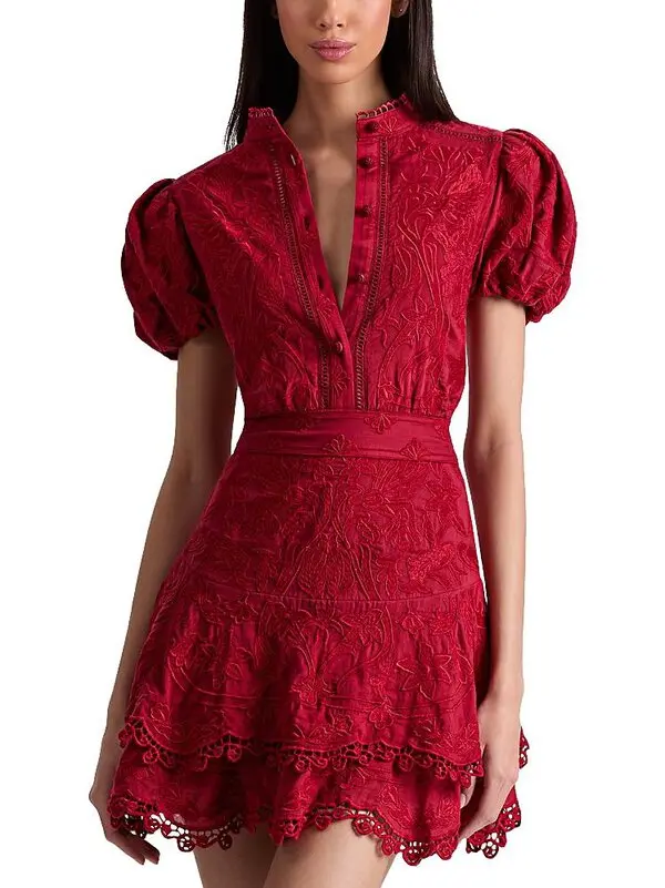 Alice + Olivia Loryn Embroidered Short Sleeve Dress - Dark Cherry