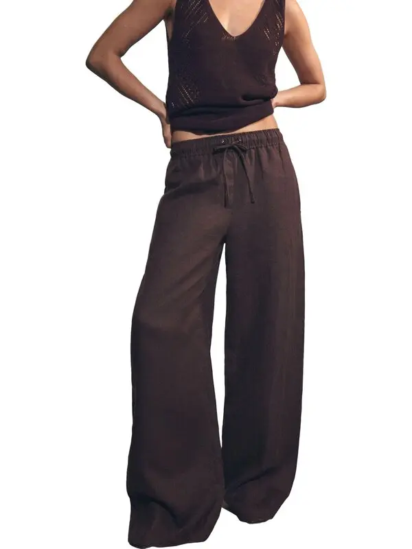 REISS Willow Linen-blend Wide-leg Trousers - Chocolate Brown