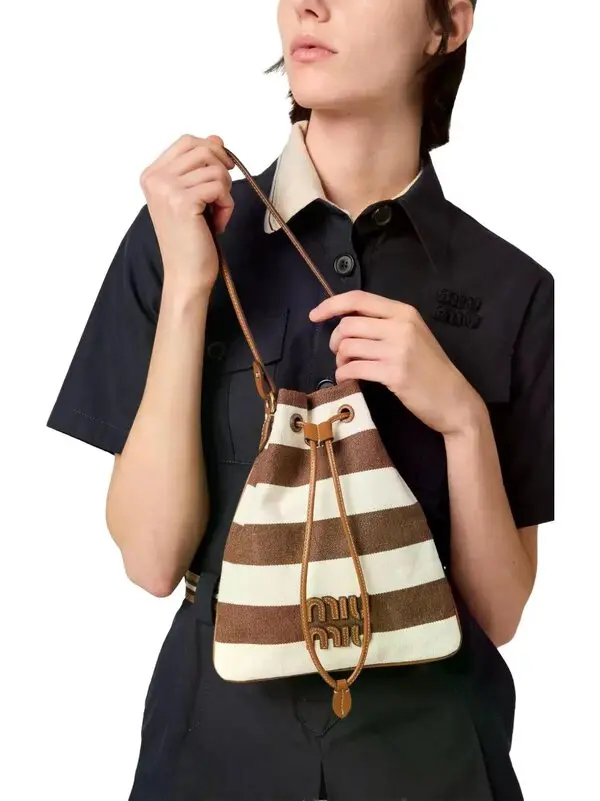 Miu Miu Striped Drawstring Bucket Bag - Brown
