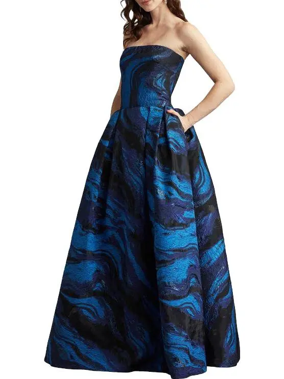 Tadashi Shoji Metallic Swirl Print Strapless Gown - Navy