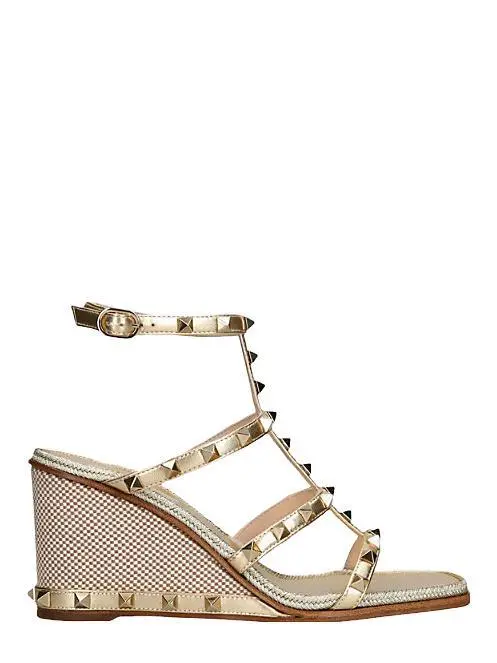 Valentino Garavani Rockstud 80 Metallic-leather Wedge Sandals - Beige