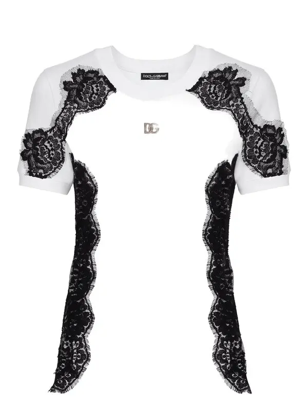 Dolce & Gabbana Cotton Jersey T-shirt With Dg Logo And Lace Inserts - White