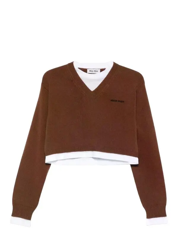 Miu Miu Cropped Cashmere V-neck Sweater - Brown