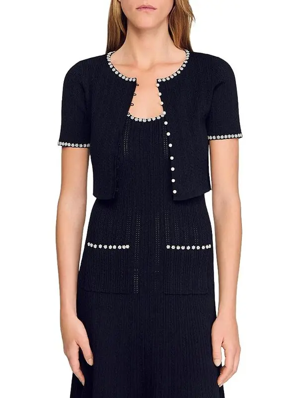 Sandro Cropped Beaded Cardigan - Black