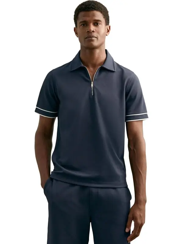 REISS Zain Textured Half-zip Tipped Polo Shirt - Airforce Blue