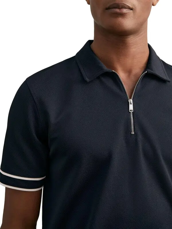 REISS Zain Textured Half-zip Tipped Polo Shirt - Navy
