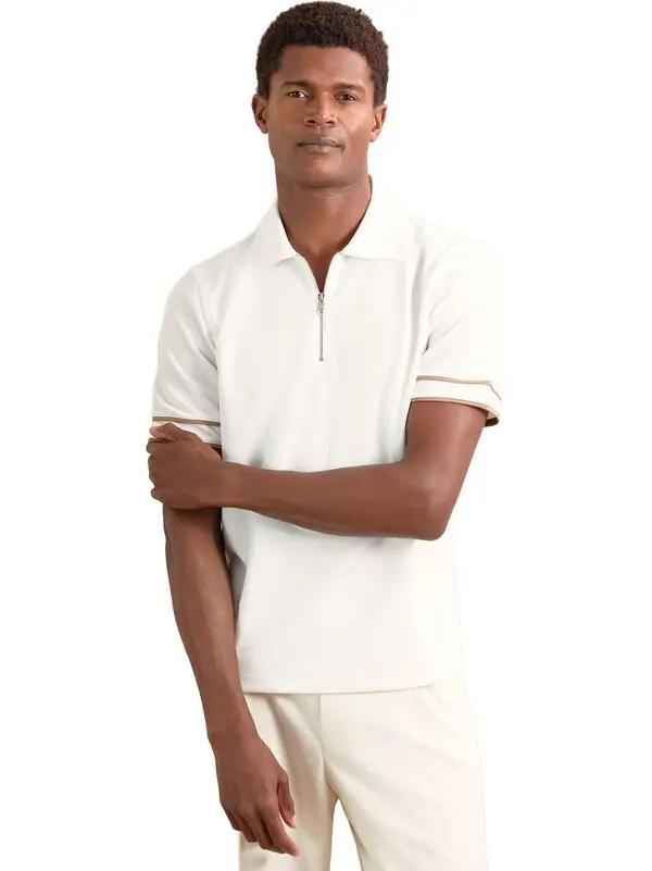 REISS Zain Textured Half-zip Tipped Polo Shirt - White