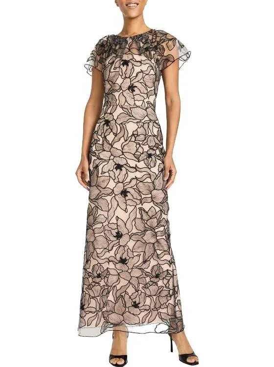 Maggy London Floral Illusion Mesh Gown - Black/white