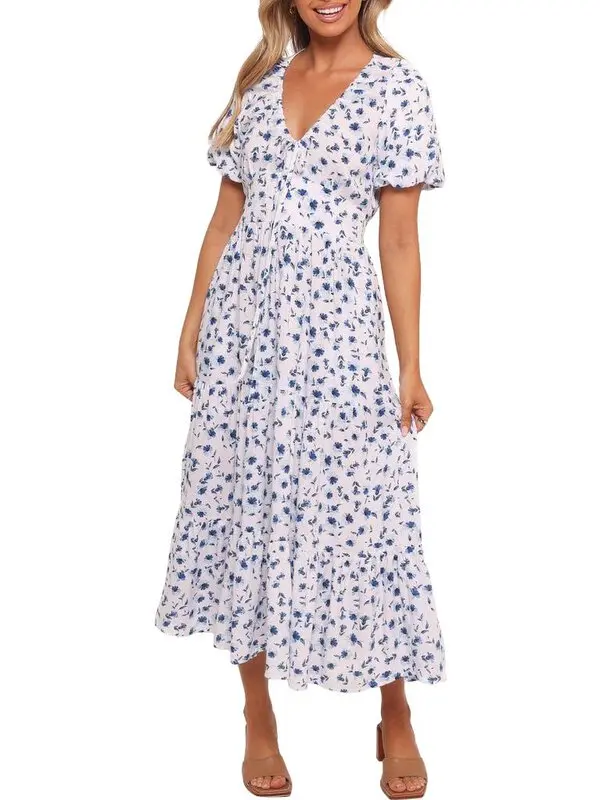PETAL & PUP Floral Puff Sleeve Cotton Midi Dress - Blue Ditsy Floral