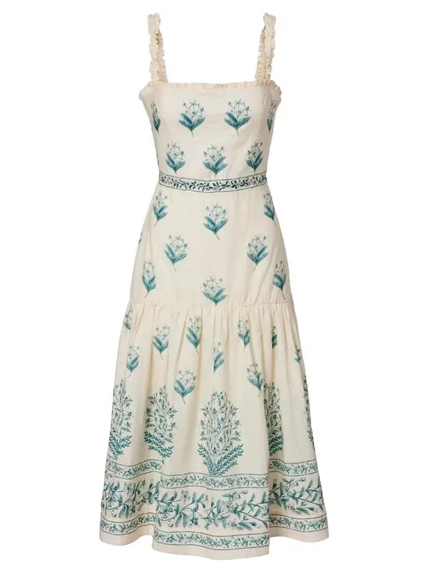 Agua Bendita Nispero Ceiba Floral Linen Midi Dress - Beige