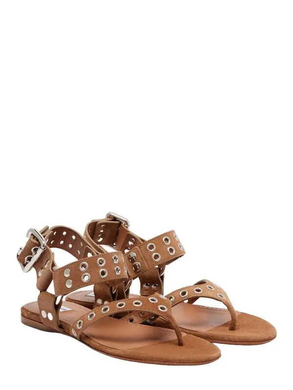Alaïa Studded Suede Thong Sandals - Brown