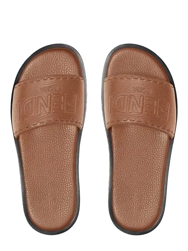 Fendi Roma Wide Band Leather Slides - Brown
