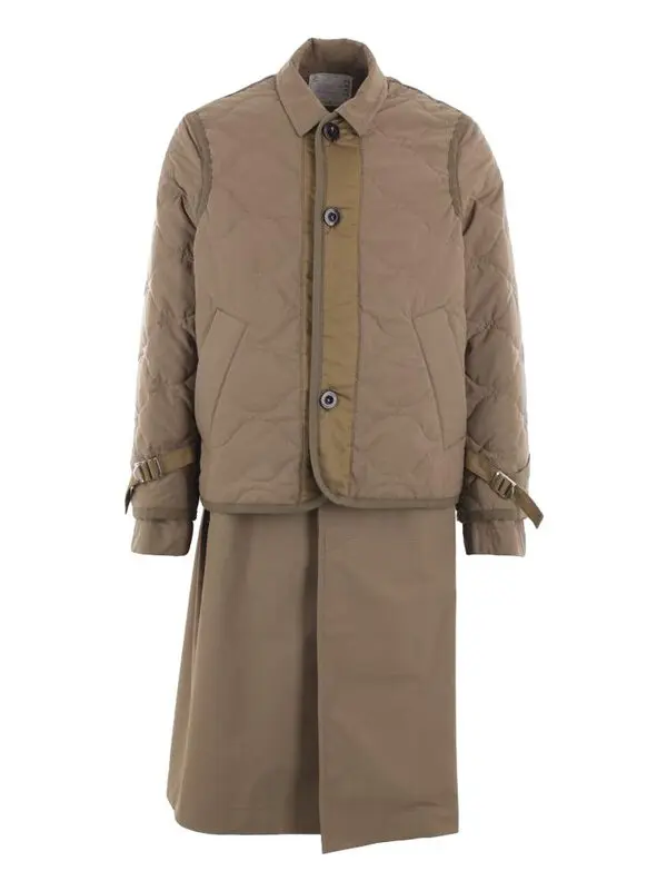Sacai Single-breasted Overcoat With Quilted Jacket Overlay - Beige