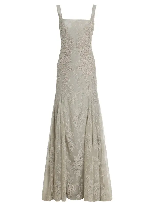 Costarellos Elysia Beaded Lace Gown - Grey