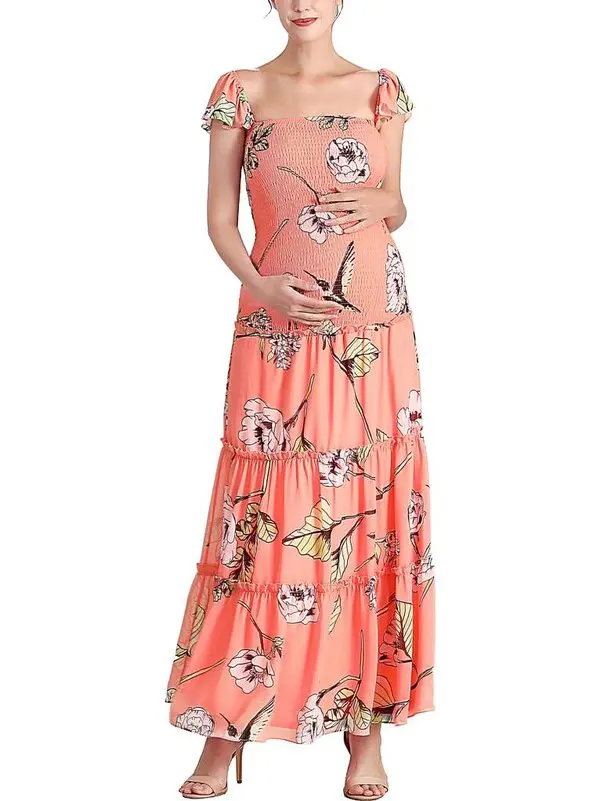 KIMI + KAI Addy Smocked Maternity Maxi Dress - Coral
