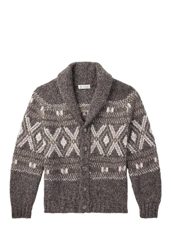 Brunello Cucinelli Shawl-collar Fair Isle Alpaca-blend Cardigan - Gray