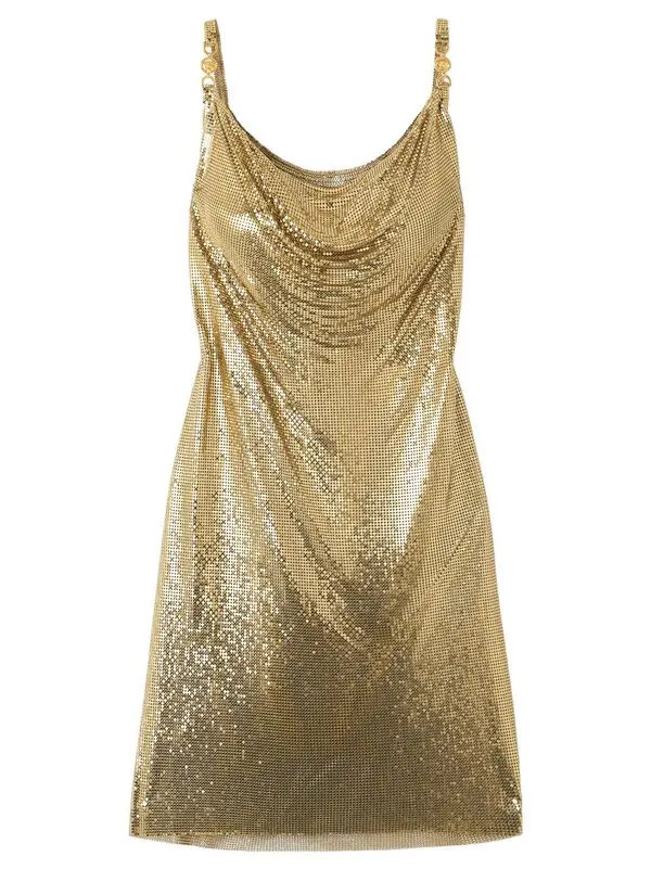 Versace Embellished Draped Chainmail Mini Dress - Gold