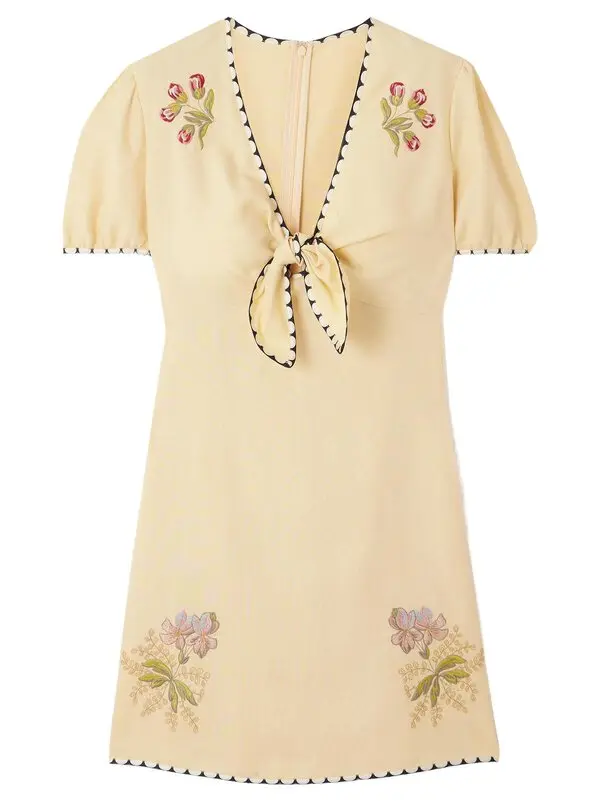 Valentino Garavani Printed Twill-trimmed Embroidered Woven Mini Dress - Cream