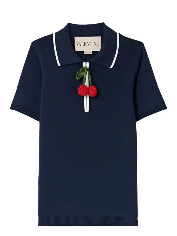 Valentino Garavani Embellished Ribbed Cotton Polo Shirt - Blue