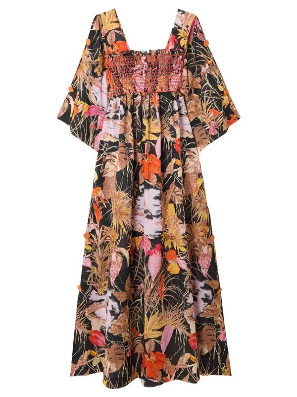 Loretta Caponi Malibu Smocked Printed Cotton Midi Dress - Multi