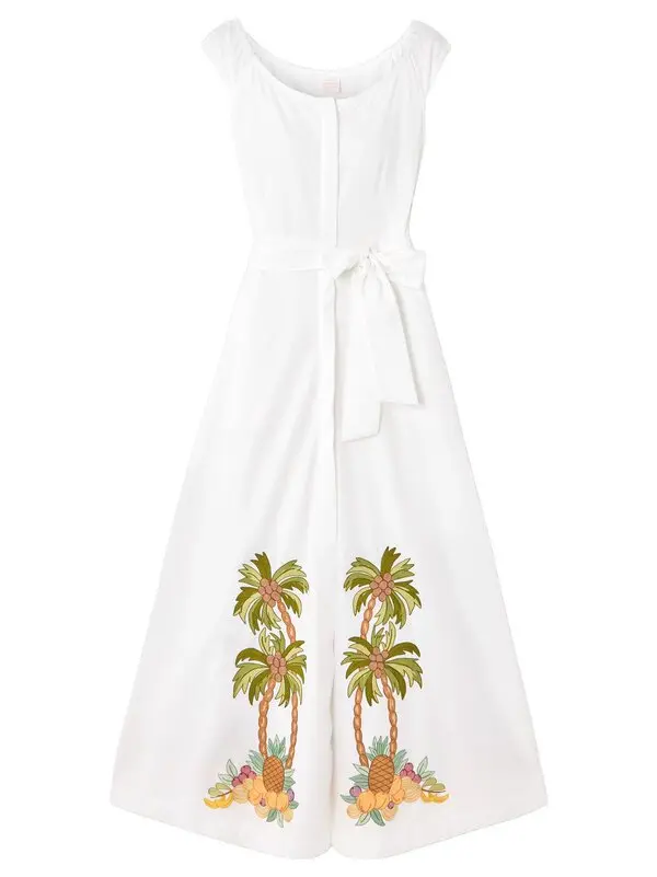 Loretta Caponi Marzia Belted Embroidered Maxi Dress - White