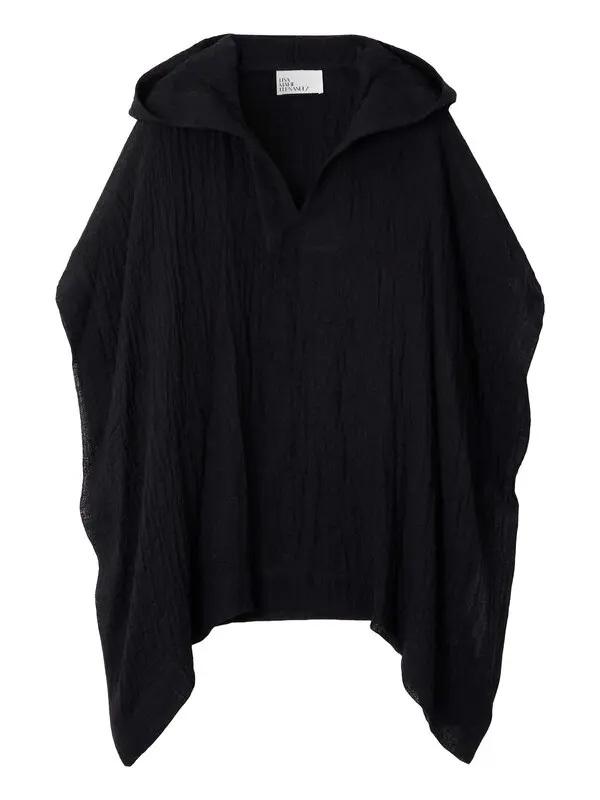 Lisa Marie Fernandez Hooded Crinkled Linen-blend Gauze Poncho - Black