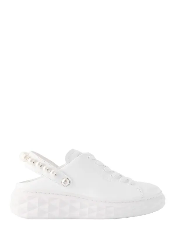 JIMMY CHOO Faux Pearl-embellished Leather Slingback Sneakers - White