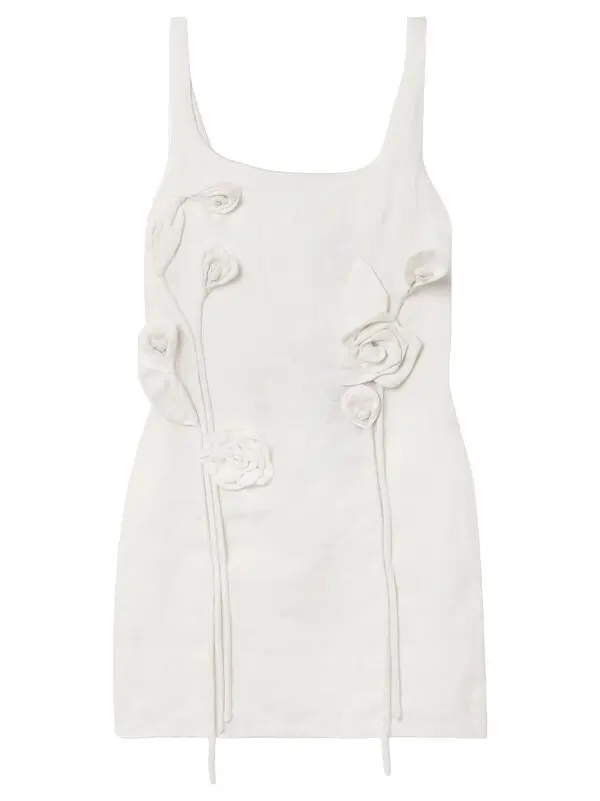 Farm Rio Floral-appliquéd Linen Mini Dress - Neutrals